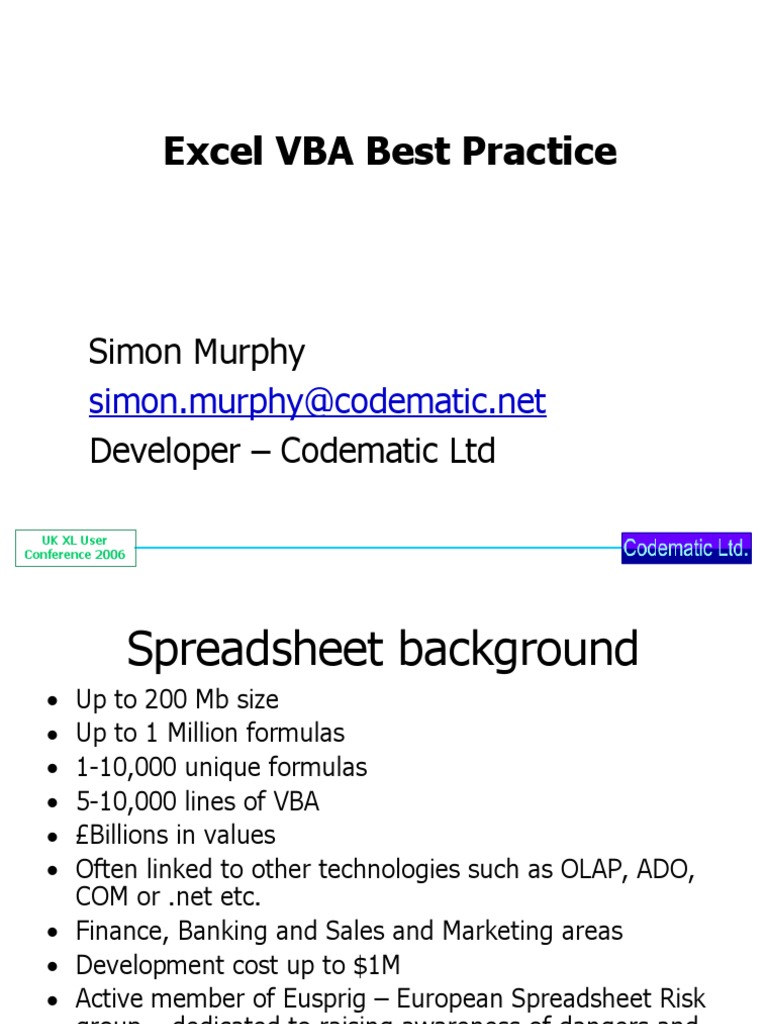 Excel Vba Best Practice Simon Murphy Developer Codematic Ltd Pdf Microsoft Excel Subroutine