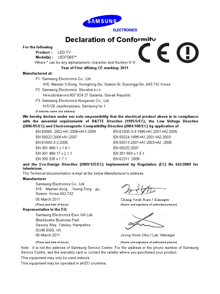 Declaration of Conformity: (Factories Name and Address) | PDF ...