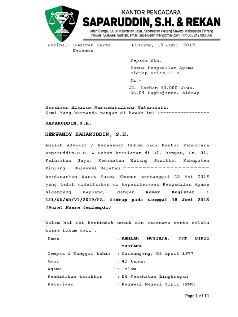 Contoh GUGATAN Harta Bersama | PDF