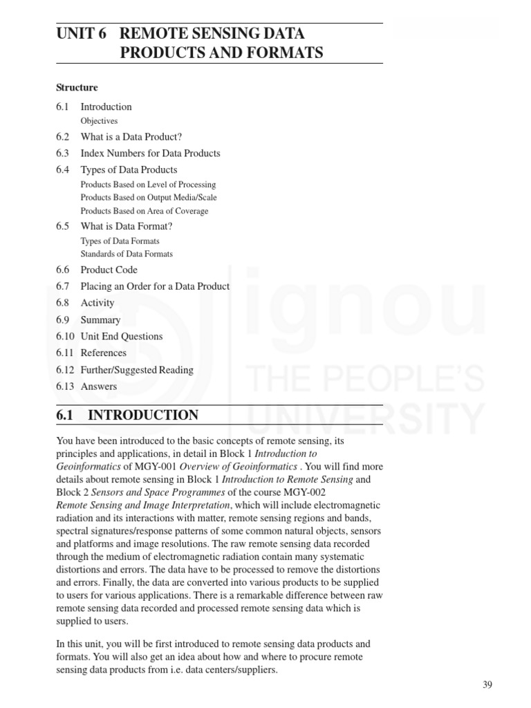 Unit 6 Remote Sensing Data Products and Formats: Structure | PDF ...