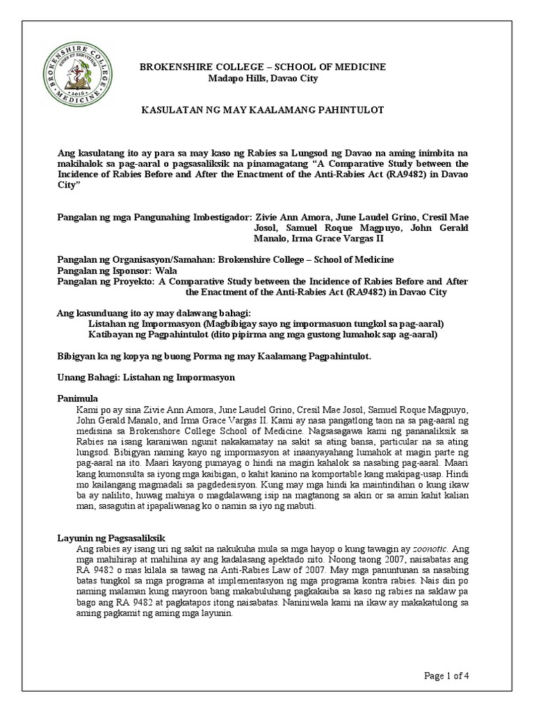 Informed Consent Form - Rabies (Tagalog) | PDF