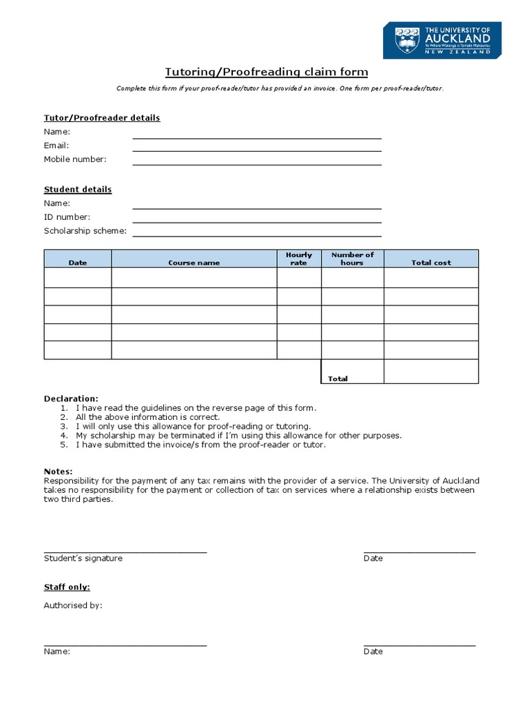 Request for Reimbursement: Tutoring/Proofreading Claim Form | PDF ...