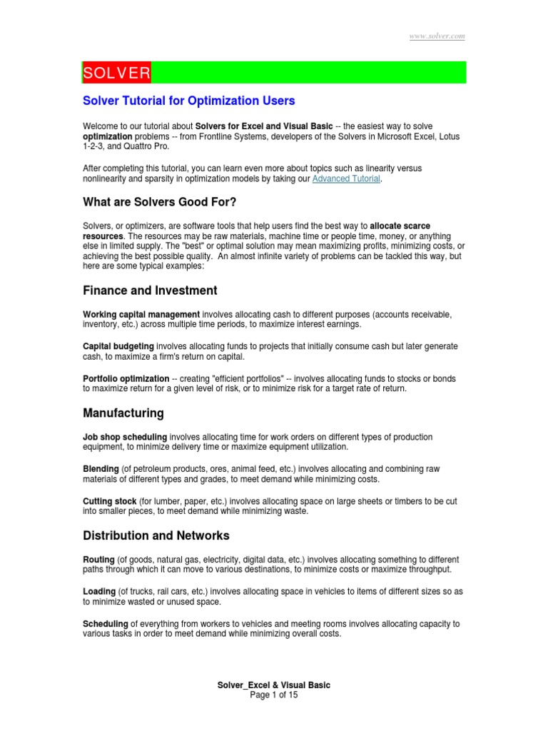 Solver: Solver Tutorial For Optimization Users | PDF | Mathematical Optimization | Linear ...