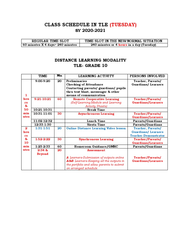 Class Schedule in Tle: (Tuesday) | PDF | Distance Education ...