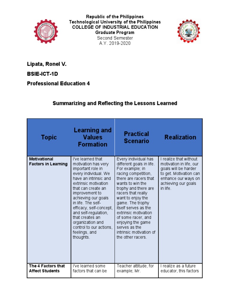 Summarizing and Reflecting - Lipata | PDF | Motivation | Motivational
