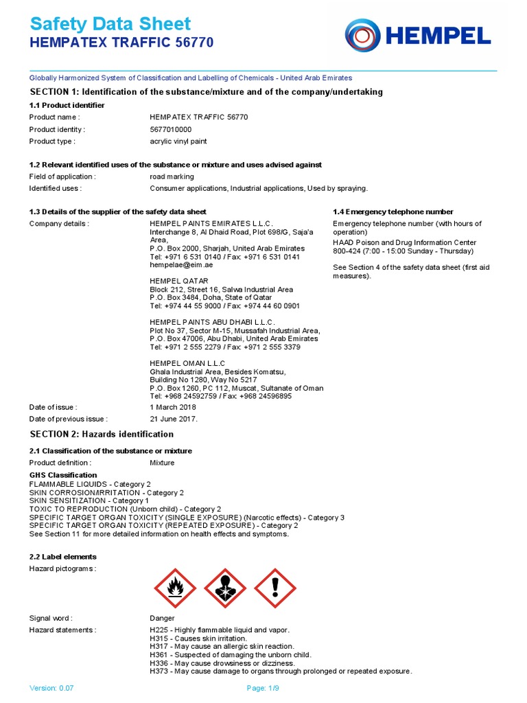 Safety Data Sheet: Hempatex Traffic 56770 | PDF | Toxicity | Personal ...