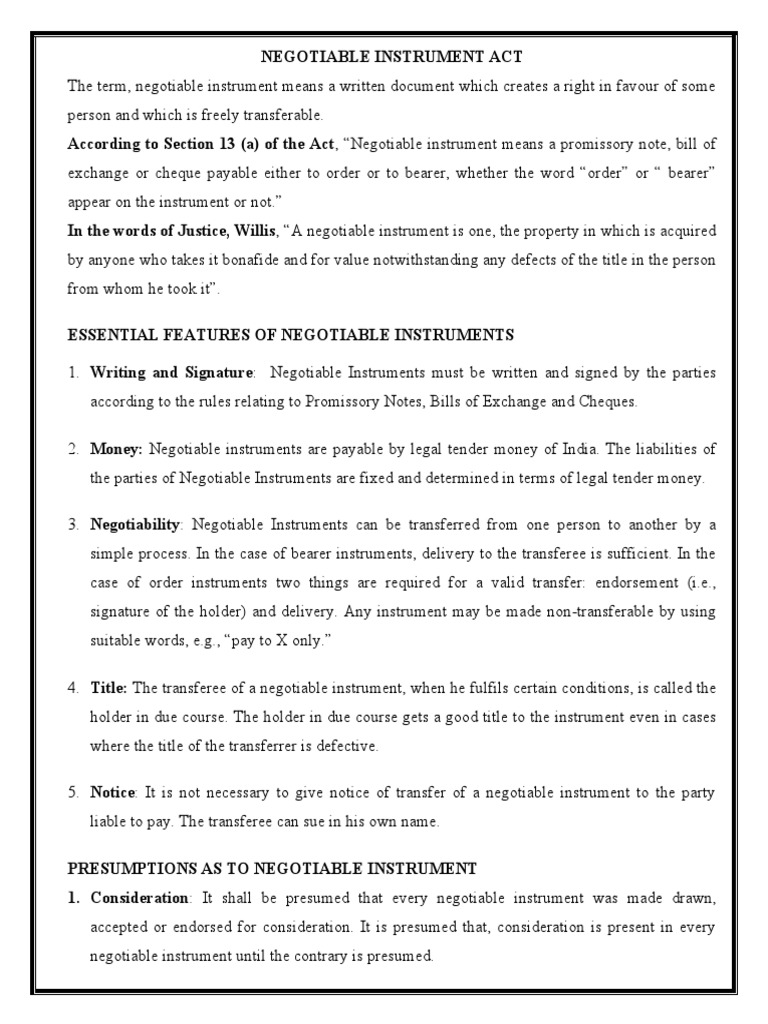 Negotiable Instrument Act | PDF | Cheque | Promissory Note