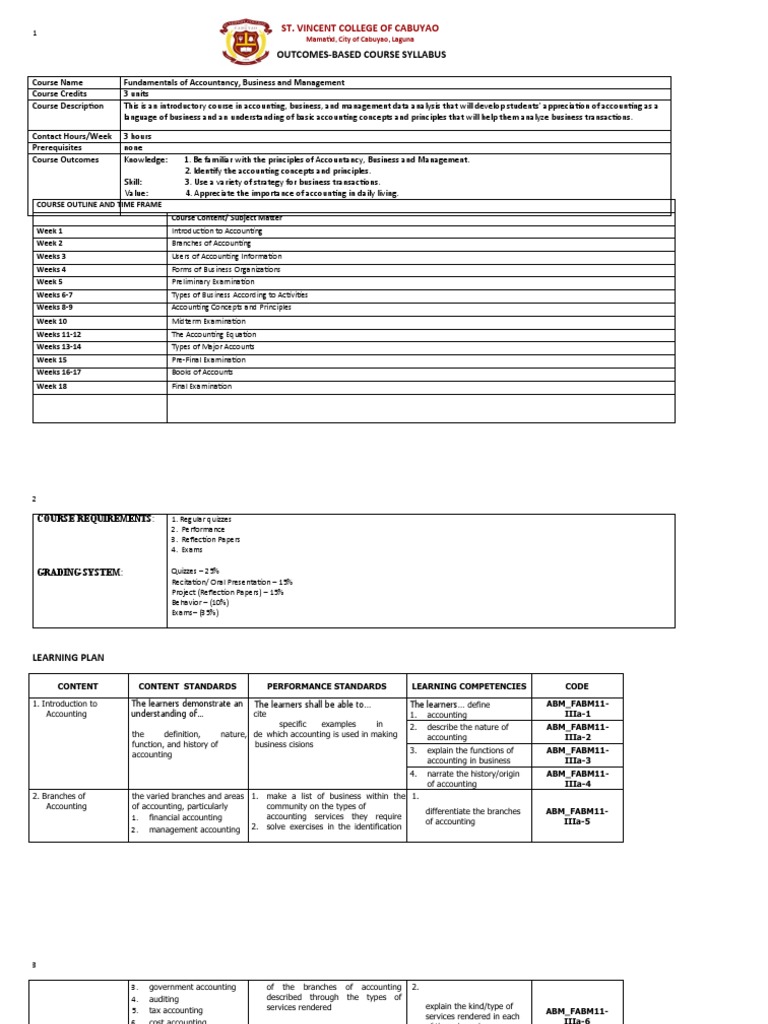 Outcomes-Based Course Syllabus: St. Vincent College of Cabuyao | PDF ...
