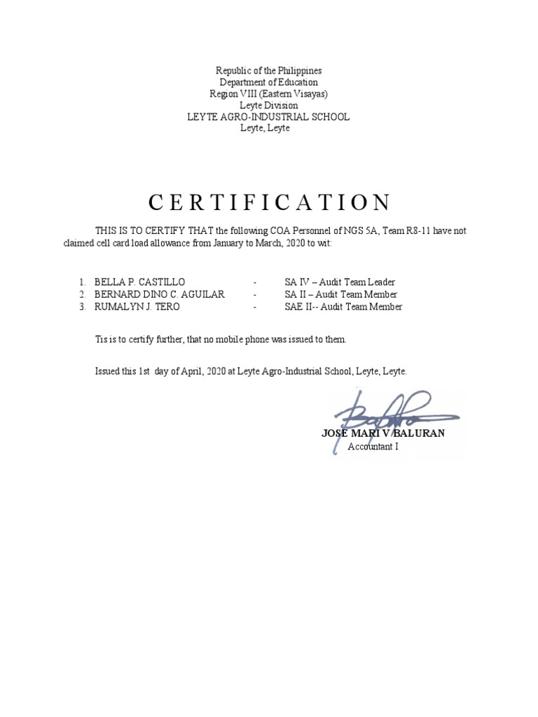 Load Certification - COA 1stQ 2020 | PDF | Business