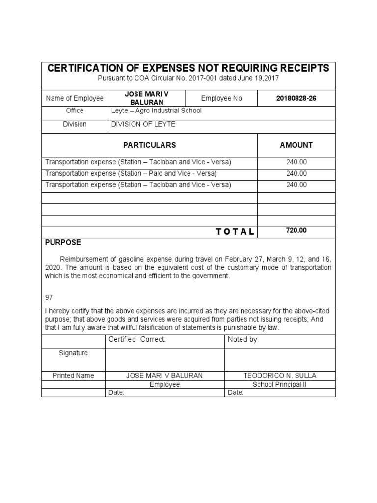 Cert. of Expenses Not Requiring Receipts | PDF