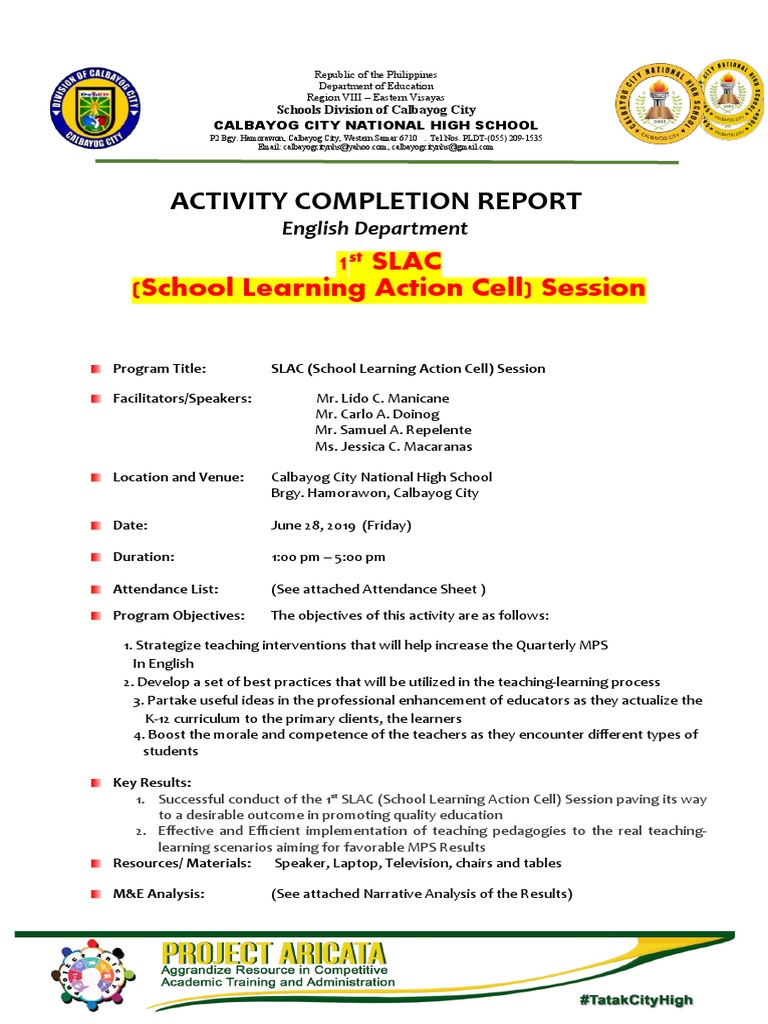 Activity Completion Report: 1 Slac (School Learning Action Cell ...