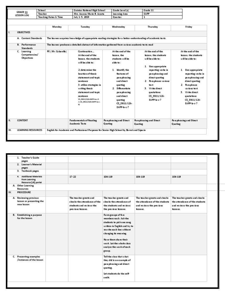 Grade 11 Lesson Log: CS - EN11/12A-EAPP-Ia-c-5 6) | PDF | Thesis | Teachers Grade 11 Lesson Log: CS - EN11/12A-EAPP-Ia-c-5 6) | PDF | Thesis | Teachers
