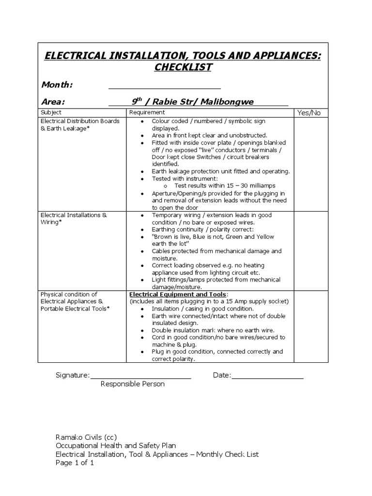 Monthly Electrical Checklist Sample | PDF | Electrical Wiring ...
