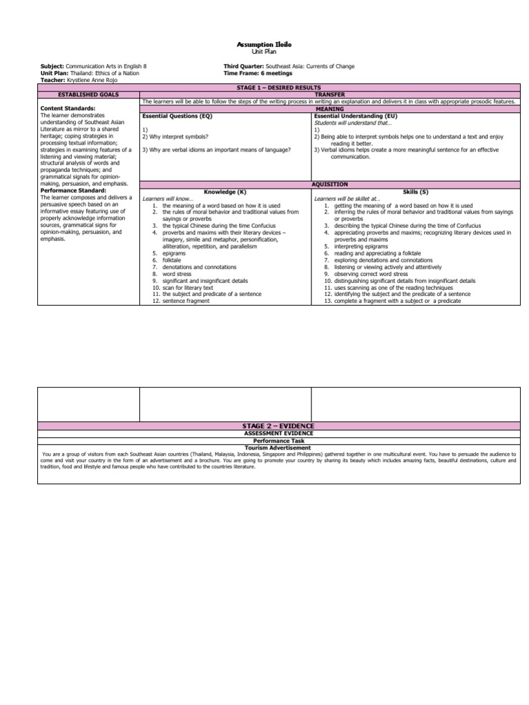 GRADE 8 UNIT PLAN 3rd Q | PDF | Idiom | Folklore