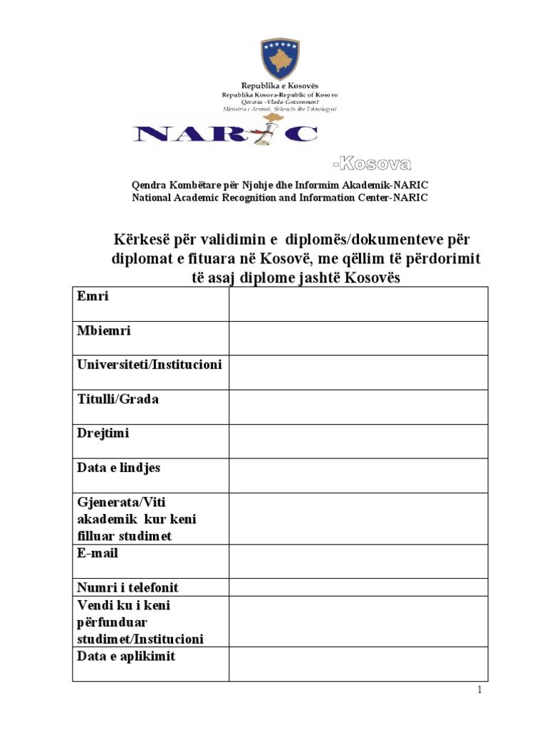 Formulari Per Validimin e Diplomave Te Fituara Ne Kosove | PDF
