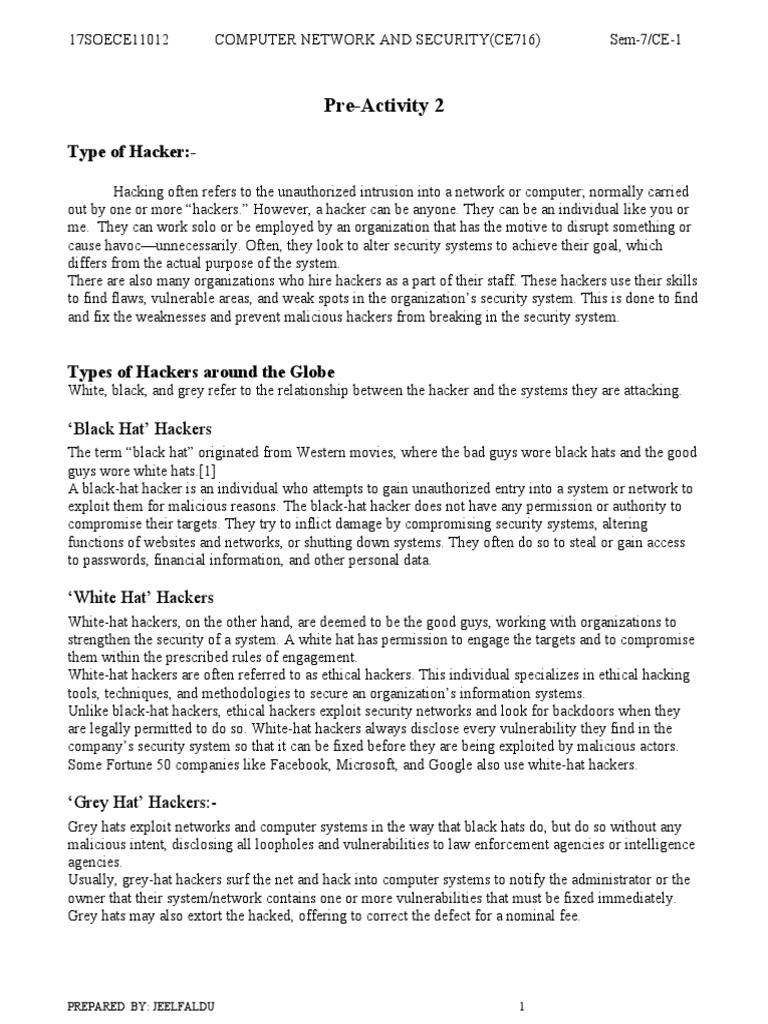 17SOECE11012 Pre Activity | PDF | White Hat (Computer Security) | Security Hacker