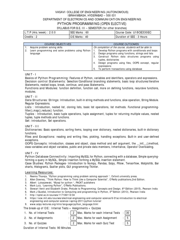 Python Programming Open Elective Course Objectives Course Outcomes Pdf Subroutine 
