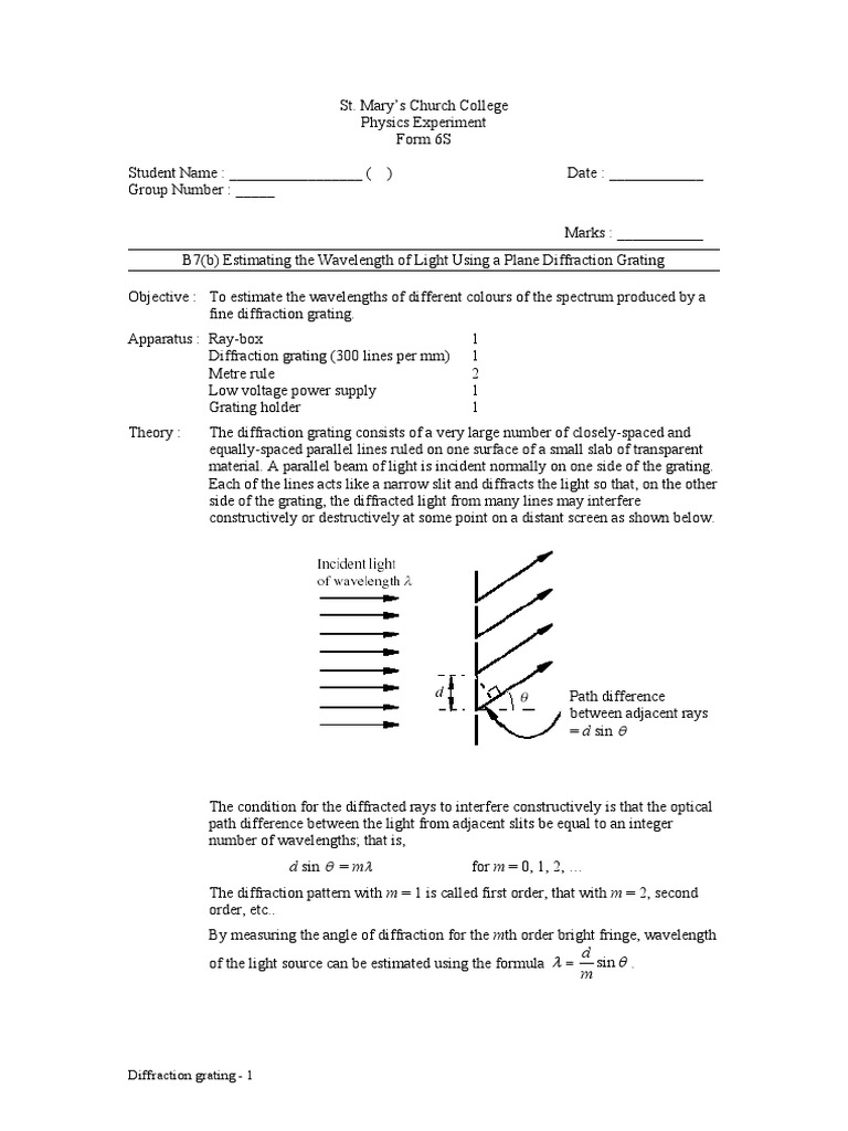 Physics Experiment - Estimating The Wavelengths of Light Using A Plane Diffraction Grating | PDF ...