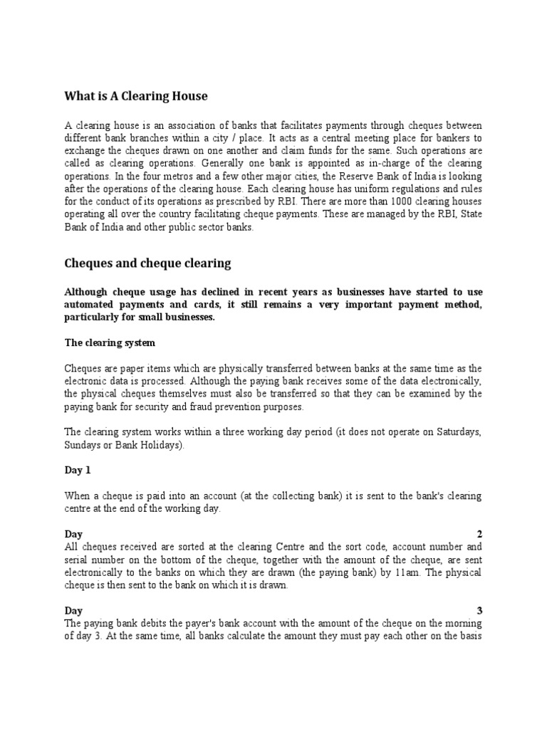 What Is A Clearing House | PDF | Cheque | Clearing (Finance)