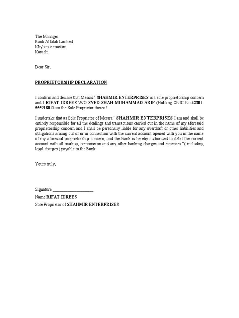 Sole Proprietorship Declaration Letter | PDF