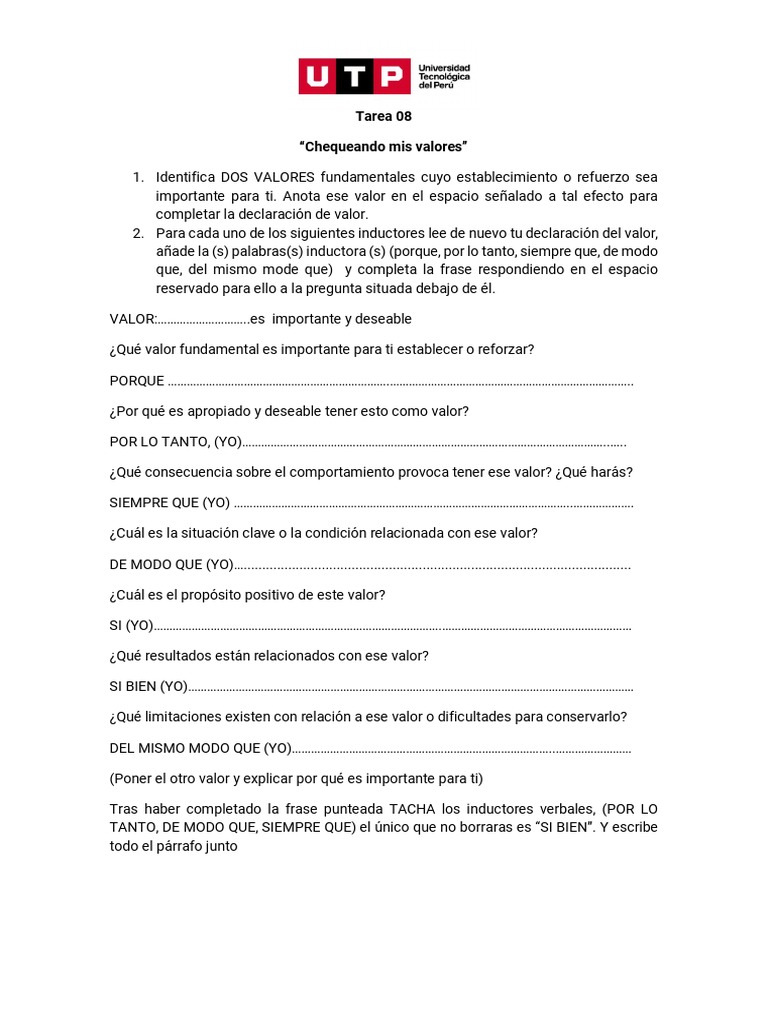 Tarea 08.c Chequeando Mis Valores PDF | PDF | Negocios