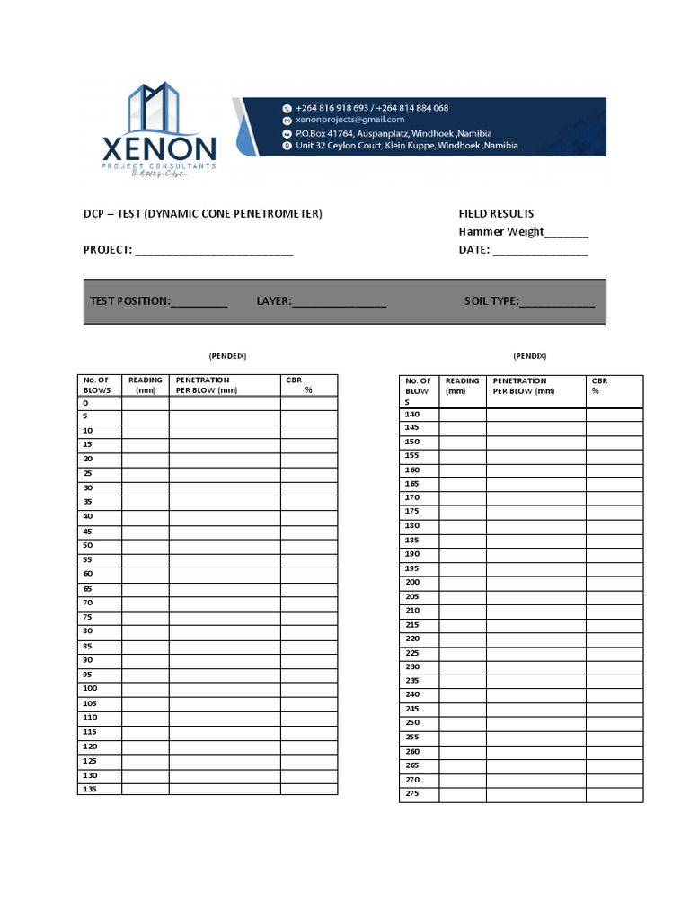 DCP - Test (Dynamic Cone Penetrometer) Field Results Hammer Weight ...
