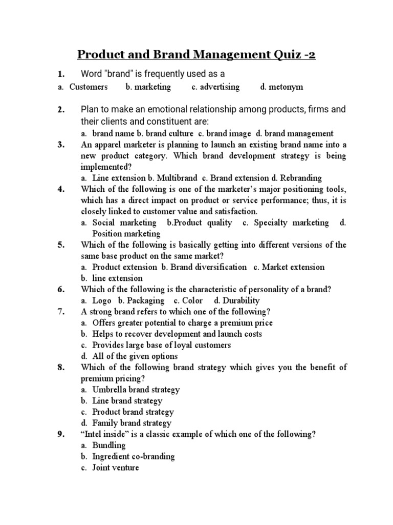 Product and Brand Management Quiz | PDF | Brand Management | Brand