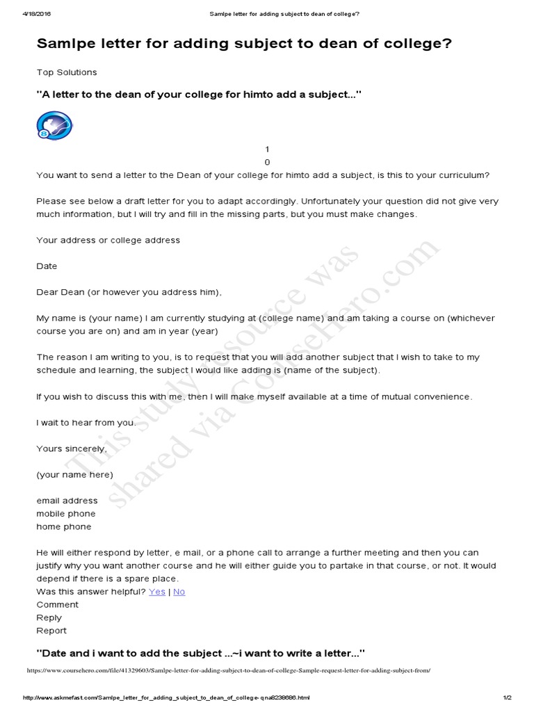 This Study Resource Was: Samlpe Letter For Adding Subject To Dean of ...