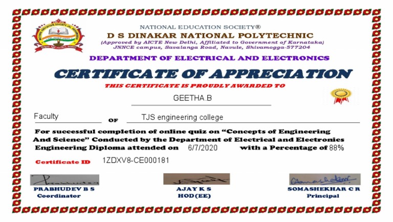 Certificate For GEETHA.B For "Concepts of Engineering And... " | PDF