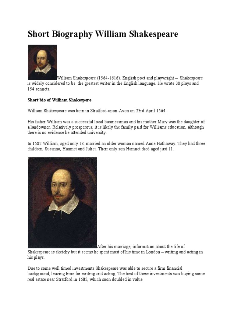 Short Biography William Shakespeare | PDF | William Shakespeare | Poetry