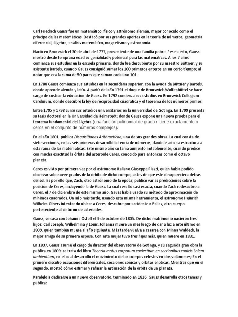 Vida y logros de Carl Friedrich Gauss | PDF | Enseñanza de matemática ...