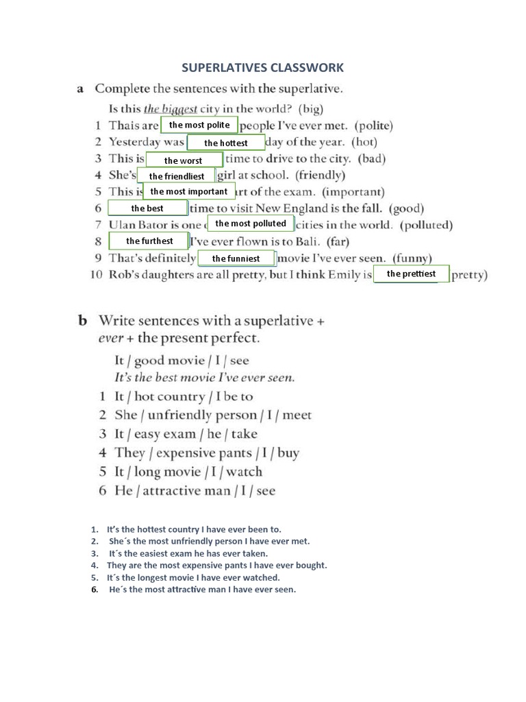 Superlatives Classwork: The Hottest The Most Polite | PDF