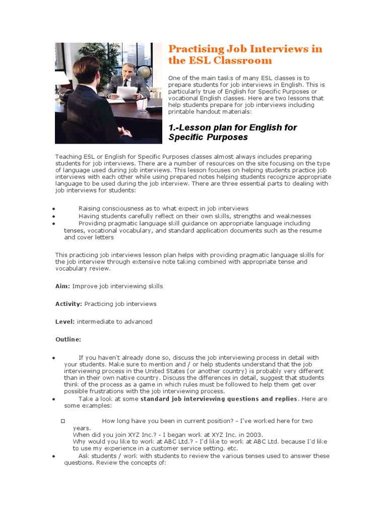 ESL Job Interview Lesson Plan | PDF | Job Interview | English As A ...