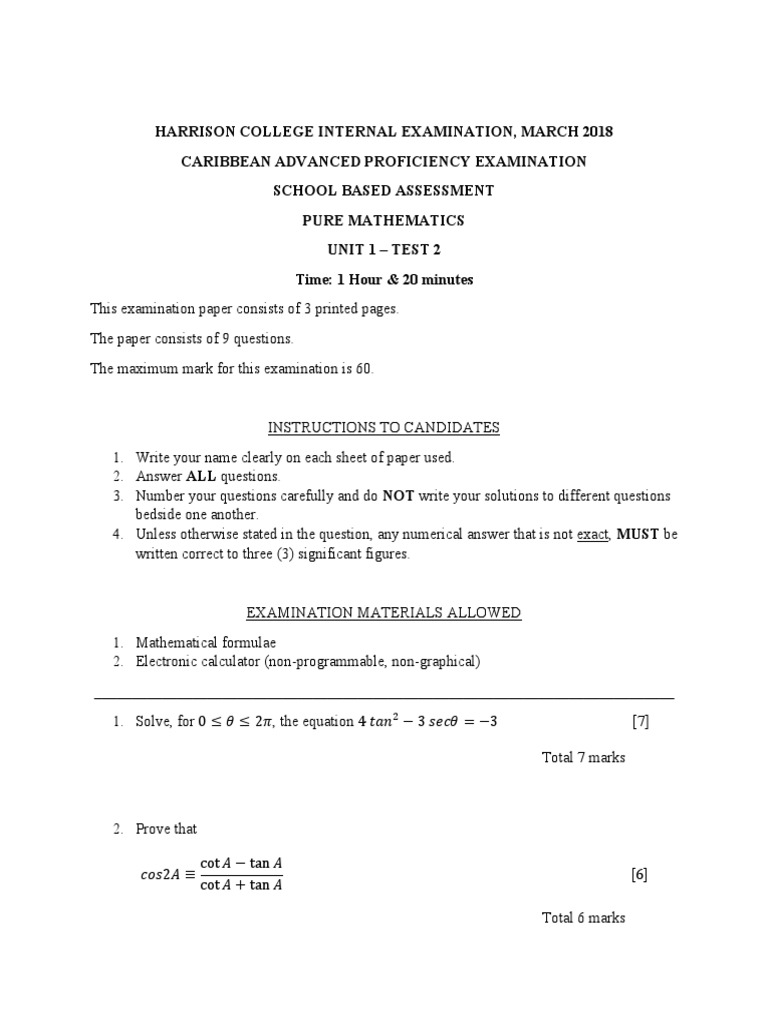 HC Sba Cape Unit 1 - Test 2 2018 | PDF | Plane (Geometry) | Theoretical ...