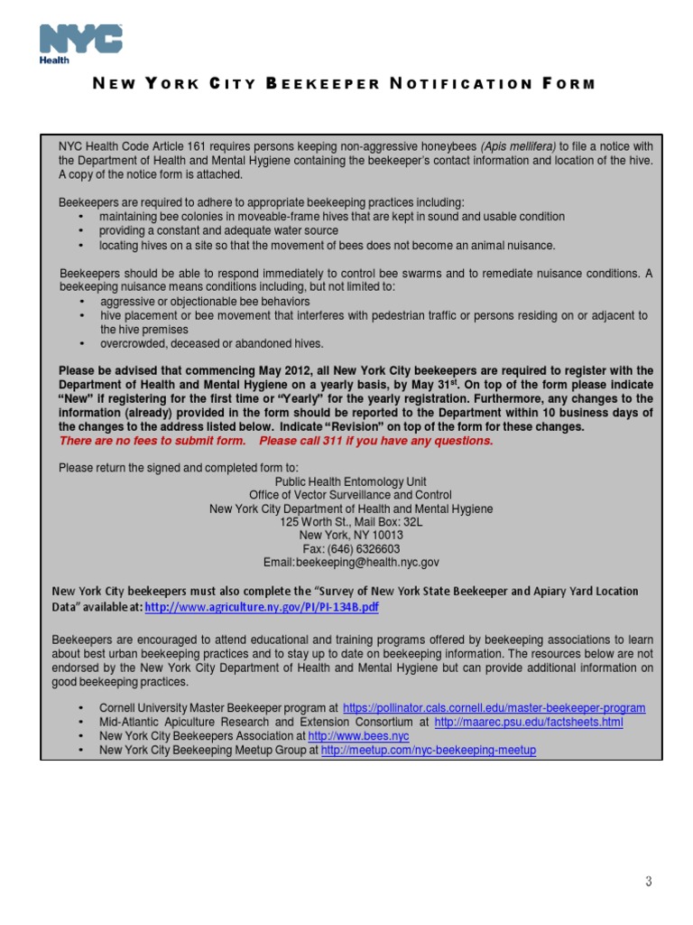 N Y C B N F: EW ORK ITY Eekeeper Otification ORM | PDF | Beekeeping ...