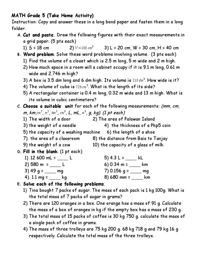 MATH Grade 5 Take Home Activity | PDF | Volume | Geometry