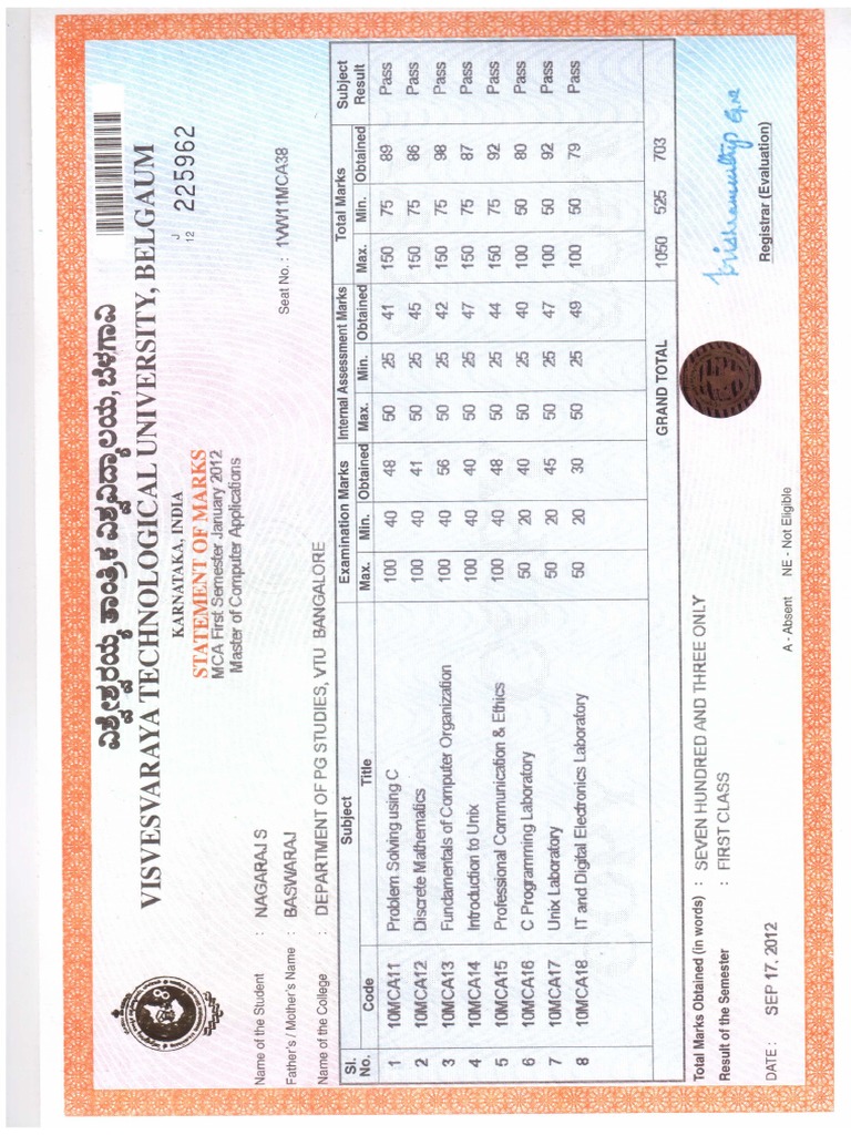 Nagaraj Mca Marks Card