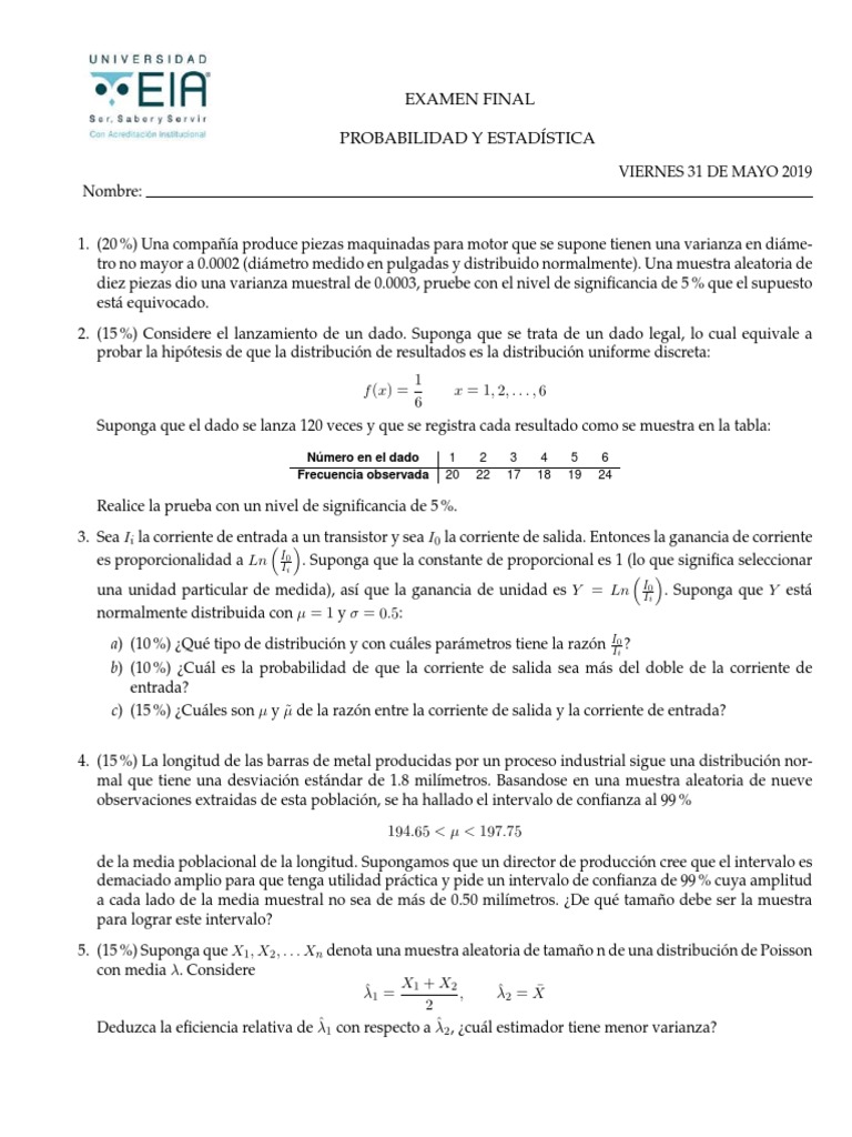Examen Final Probabilidad Y Estad Istica: N Umero en El Dado Frecuencia ...