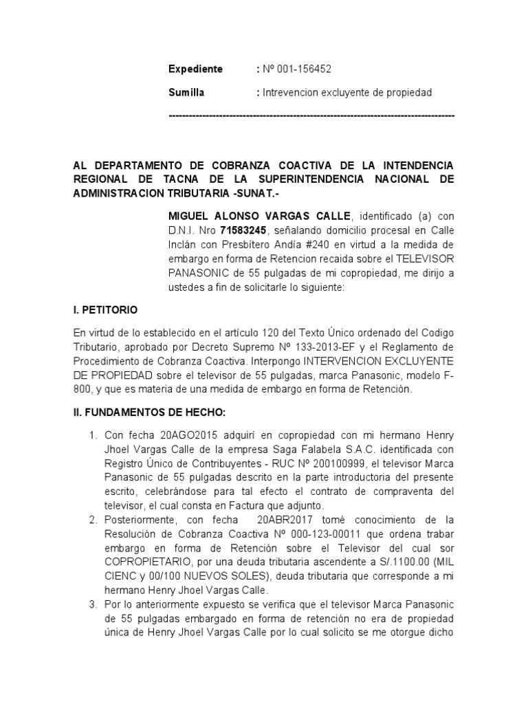 Solicitud Intervencion Excluyente de Propiedad | PDF | Información del gobierno | Justicia