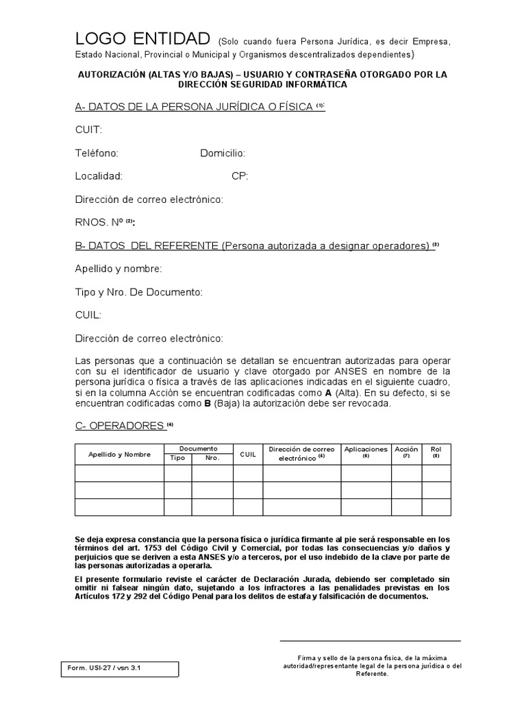 Formulario USI-27: Autorización de Usuarios | PDF | Usuario ...