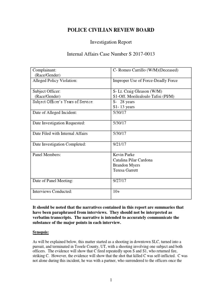 Investigation Report Internal Affairs Case Number S 2017-0013 | PDF ...