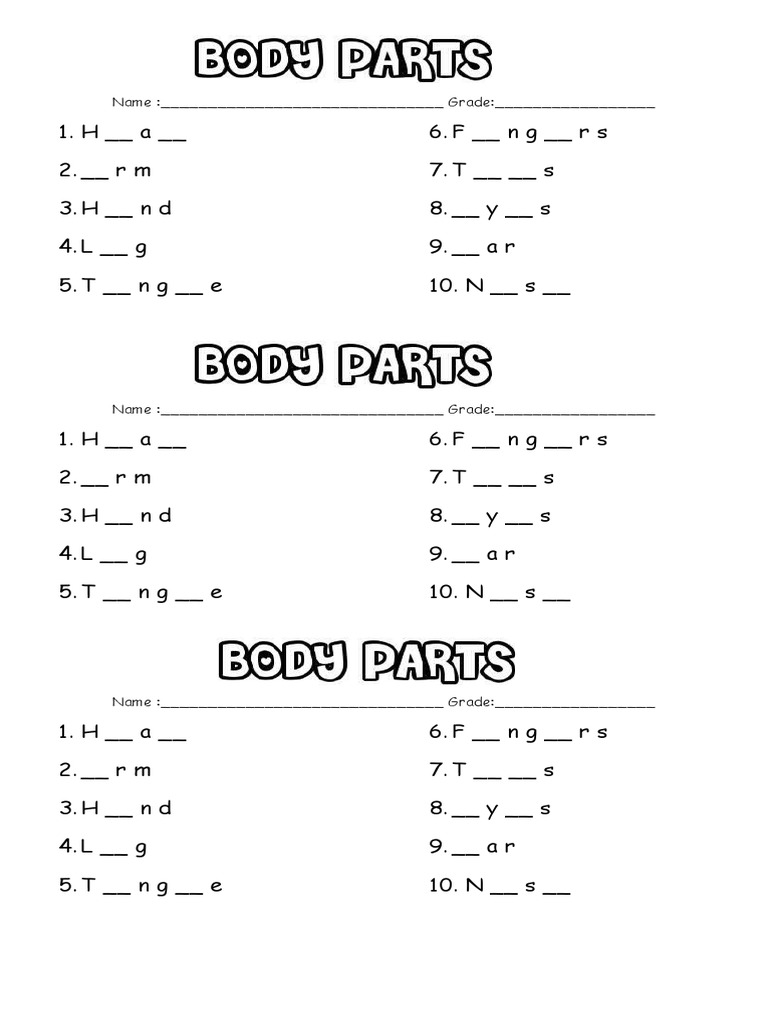 Body Parts Fill in The Blanks | PDF