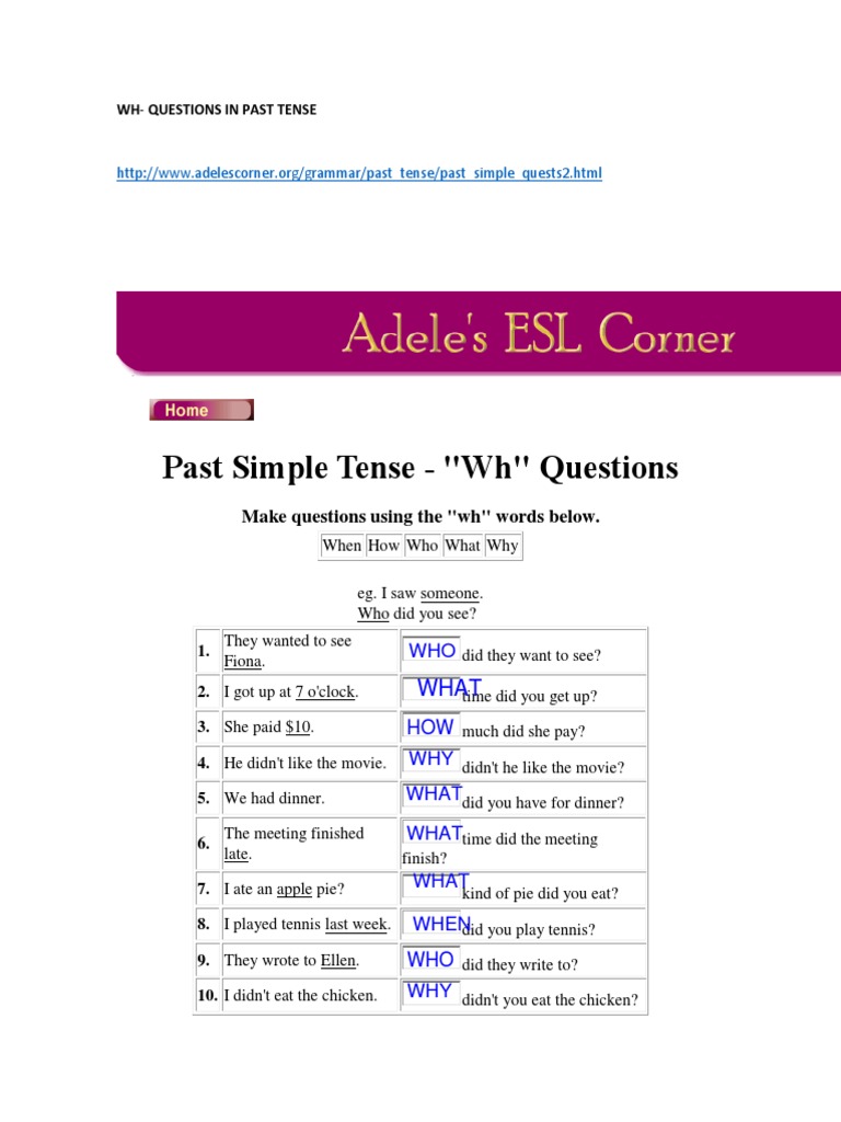 Past Simple Tense - "WH" Questions | PDF