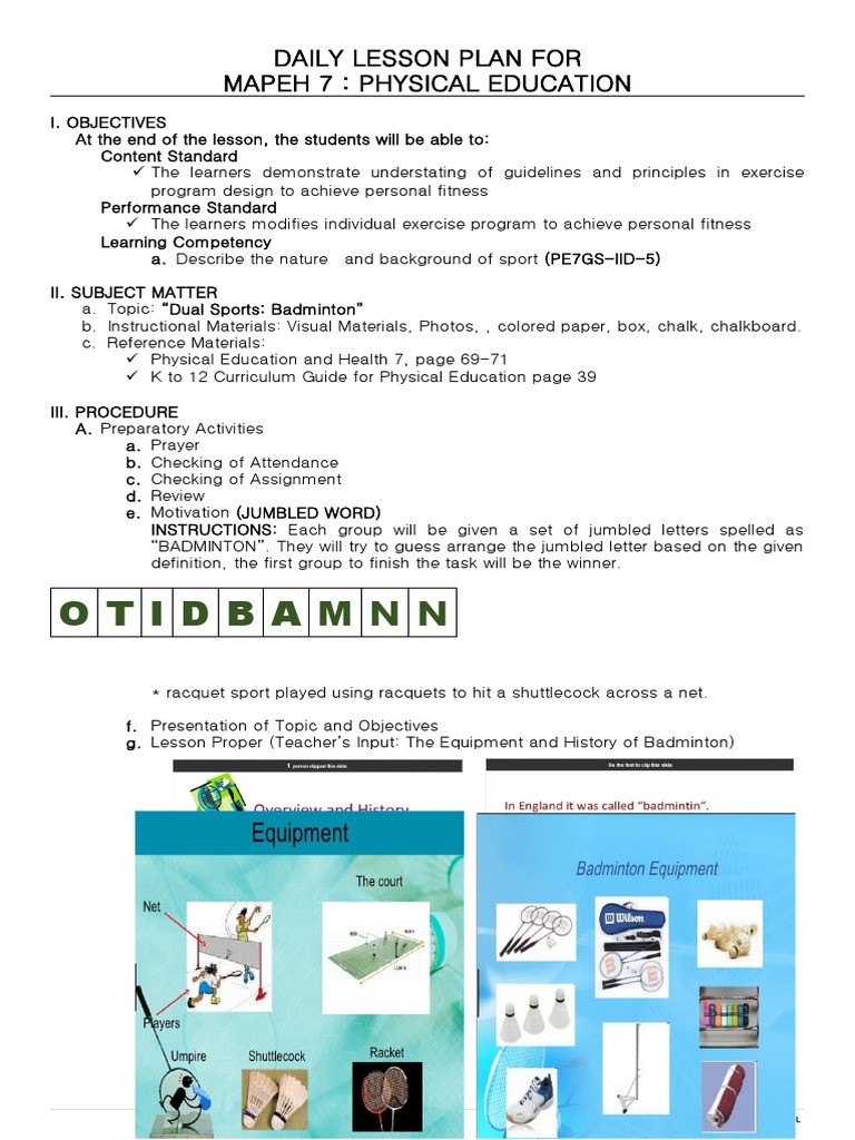 2ND Quarter (L4. History and Equipment of Badminton) | PDF | Lesson Plan | Physical Education