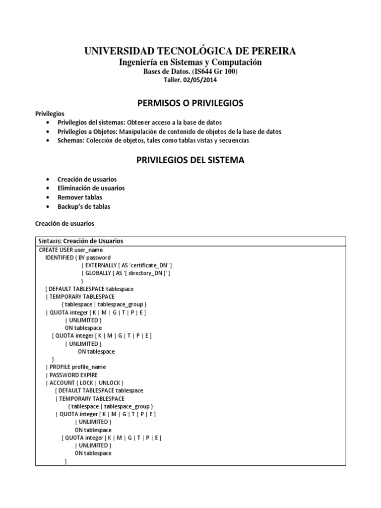Taller Comandos SQL (Privilegios-Proc-Indices) | PDF | SQL | Pl / Sql