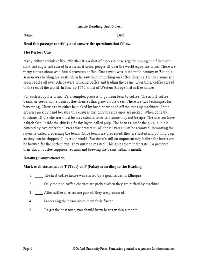 Inside Reading Unit 6 Test: ©oxford University Press. Permission ...