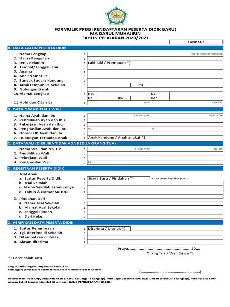 Form - PPDB - MA DARUL MUHAJIRIN PRAYA-dikonversi | PDF