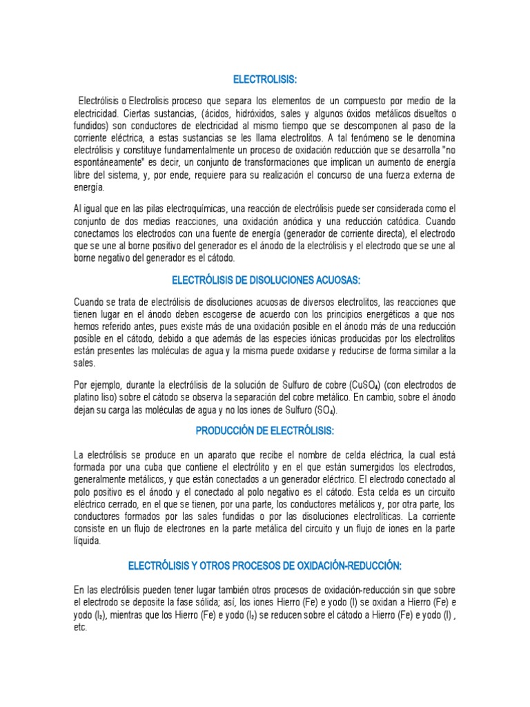 ELECTROLISIS | Descargar gratis PDF | Electrodo | Redox