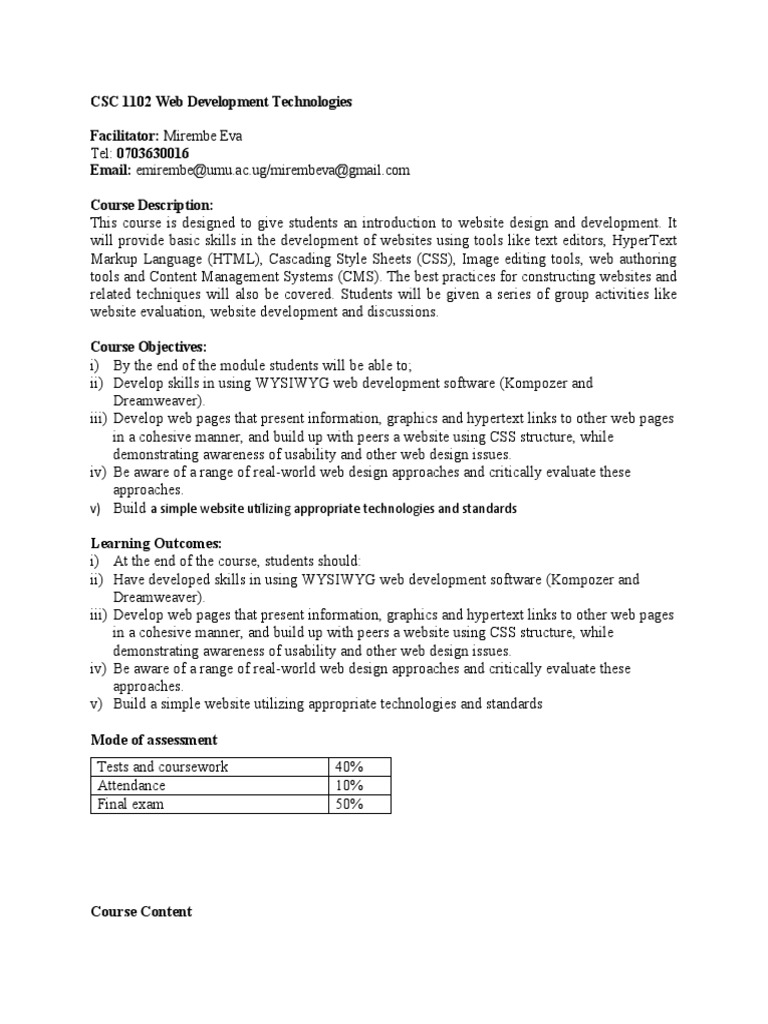 Web Development Tech Course Outline | PDF | Web Design | Web Development