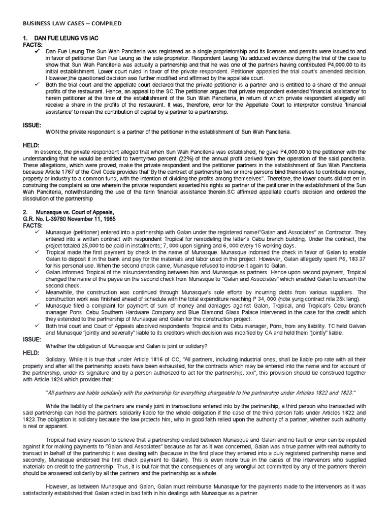Business Law Cases - Compiled | PDF | Mortgage Law | Partnership